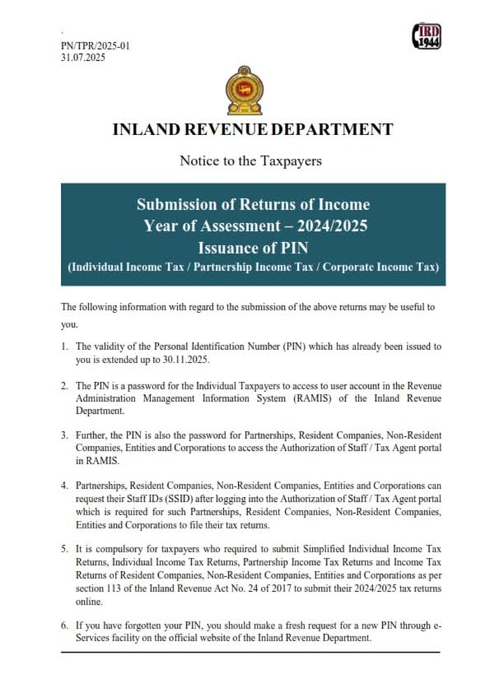 Income Tax : Notice from Inland Revenue Dept – FrontPage